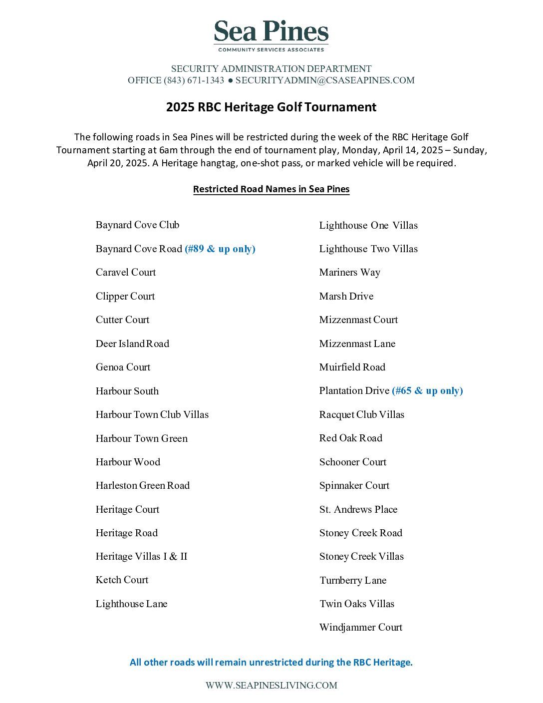 Sea Pines Community Services Associates › Restricted Road Names 2025